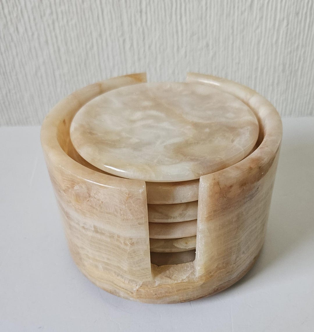 Original Mid-century Set of Amber Onyx Coasters in Holder 6 Coaster Set ...