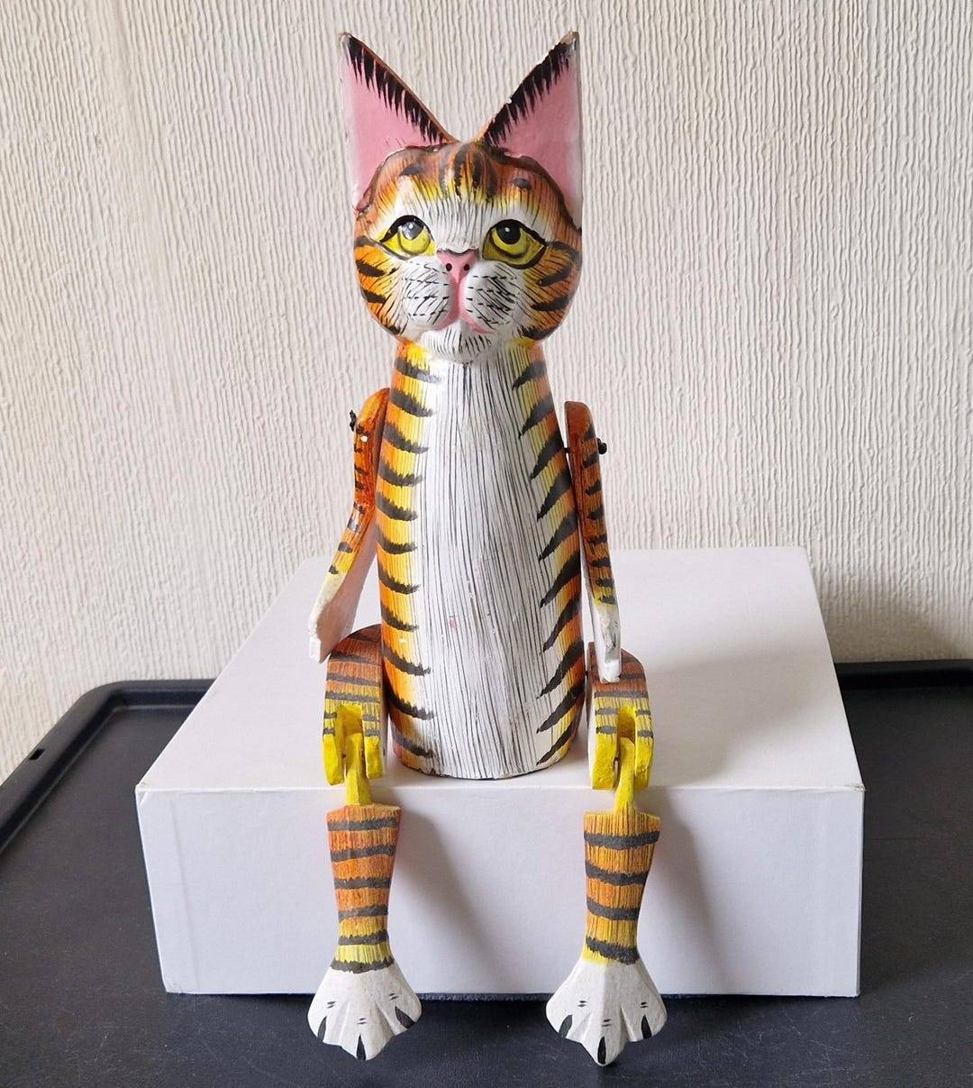 Vintage Rustic Wooden Folk Art Cat Articulated Hand Painted Sitting ...