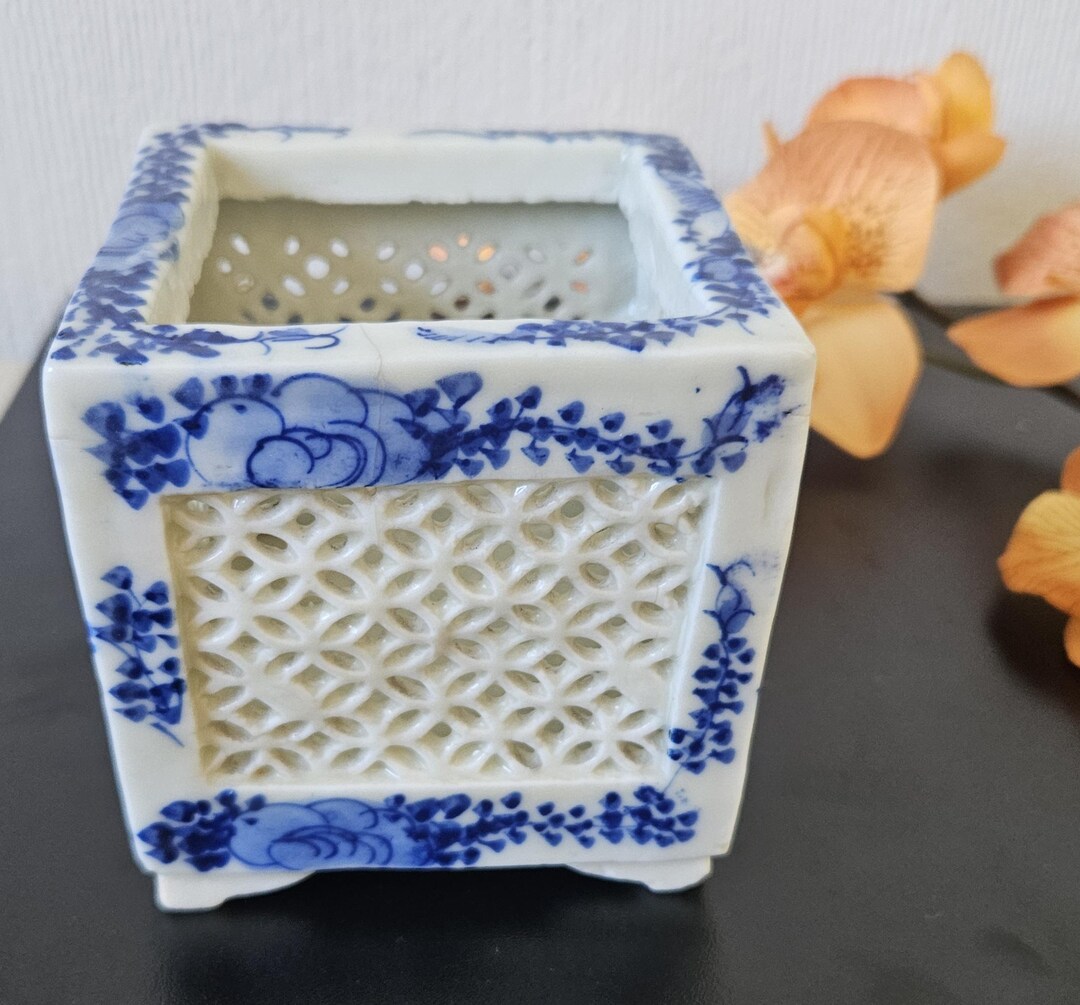 Antique Blue & White Ceramic Cricket Cage Lantern: Oriental Planter - Etsy