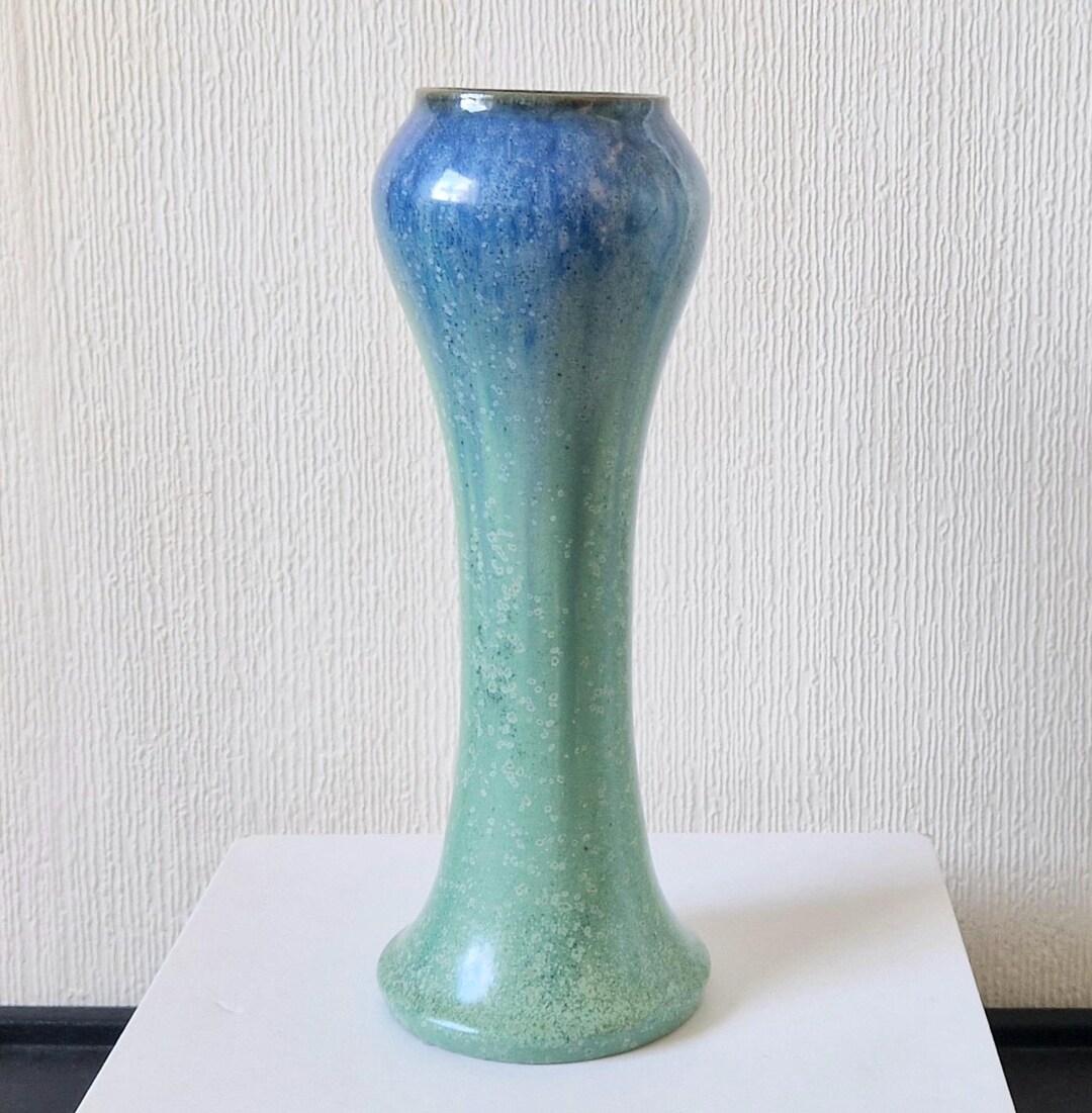 Antique Art Nouveau Tall Inverted Baluster Blue Green Glaze Ceramic ...