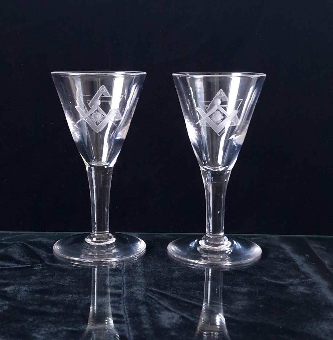 Antique Masonic Port Wine Glasses: 19th Century Engraved Crystal Pair ...