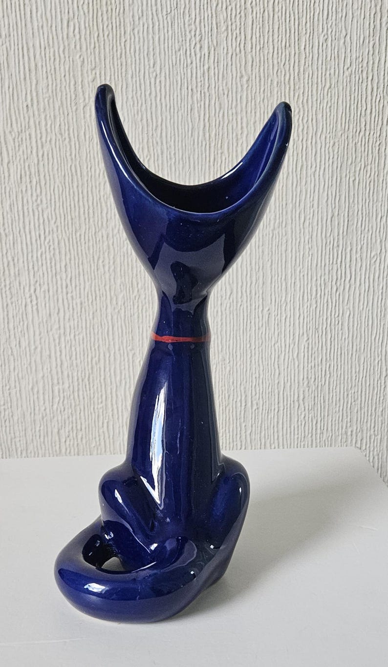 Vintage Scoop Head Cat Vase Figure Ornament Blue Glazed Midcentury 23cm ...