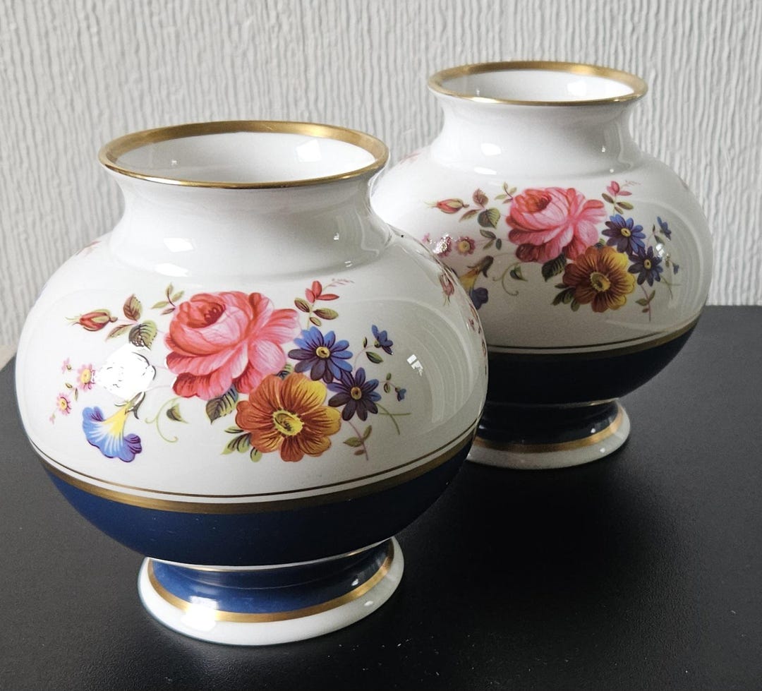 Vintage English Pair Vases Hand Painted Bone China Floral Caverswall ...
