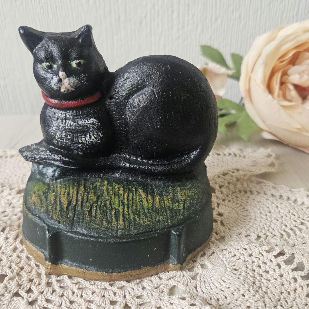 Vintage Black Cat Door Stop Cast Iron Small 10cm X 10cm Heavy Cat Lover ...