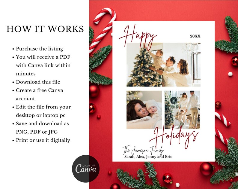 Photo Christmas Card Canva Template Vertical | Fully Editable Merry ...