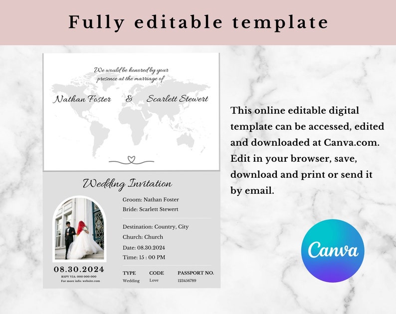 Boarding Pass Wedding Invitation Canva Template | Destination Wedding ...