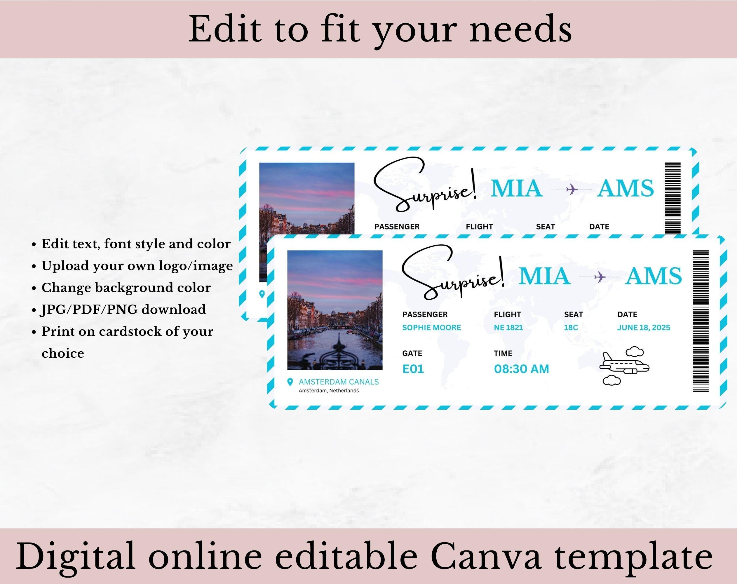 Customizable Boarding Pass Canva Template | Fake Ticket for Surprise ...
