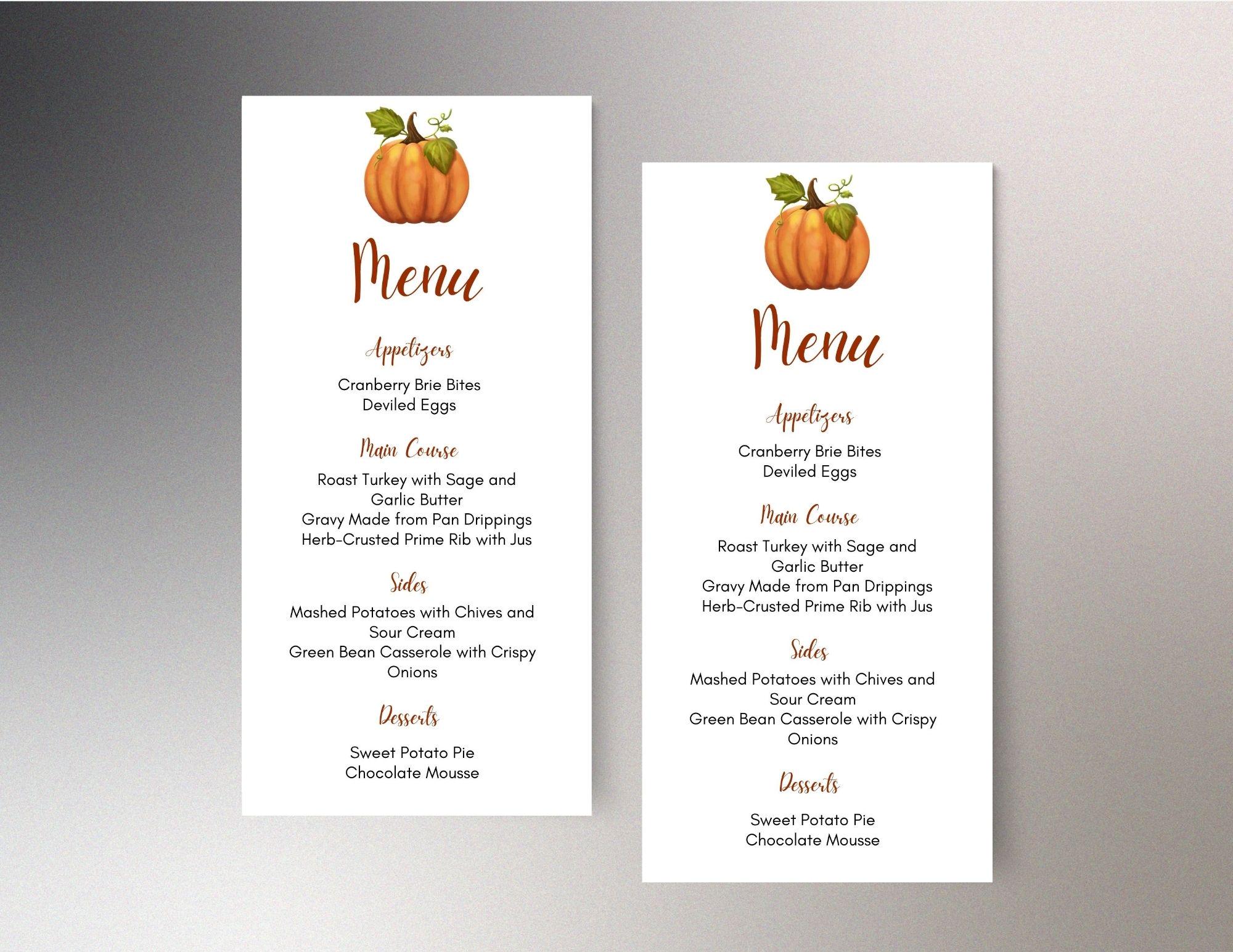 Thanksgiving Menu Card Template | Editable 4x9 Inch Fall Dinner Menu ...