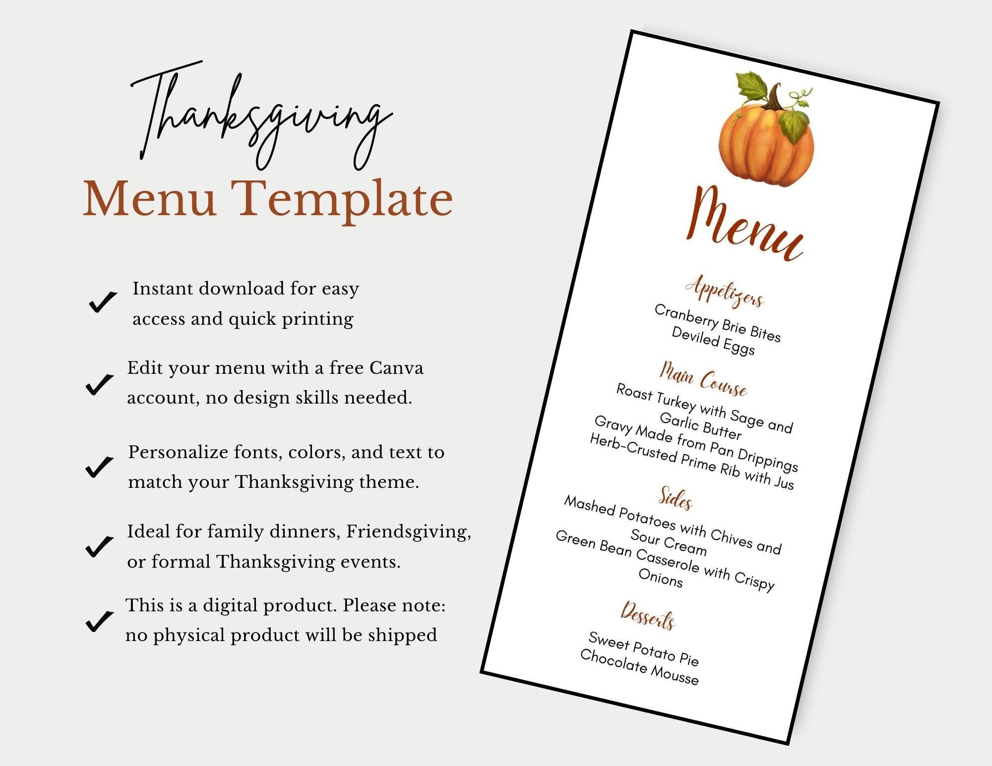 Thanksgiving Menu Card Template | Editable 4x9 Inch Fall Dinner Menu ...
