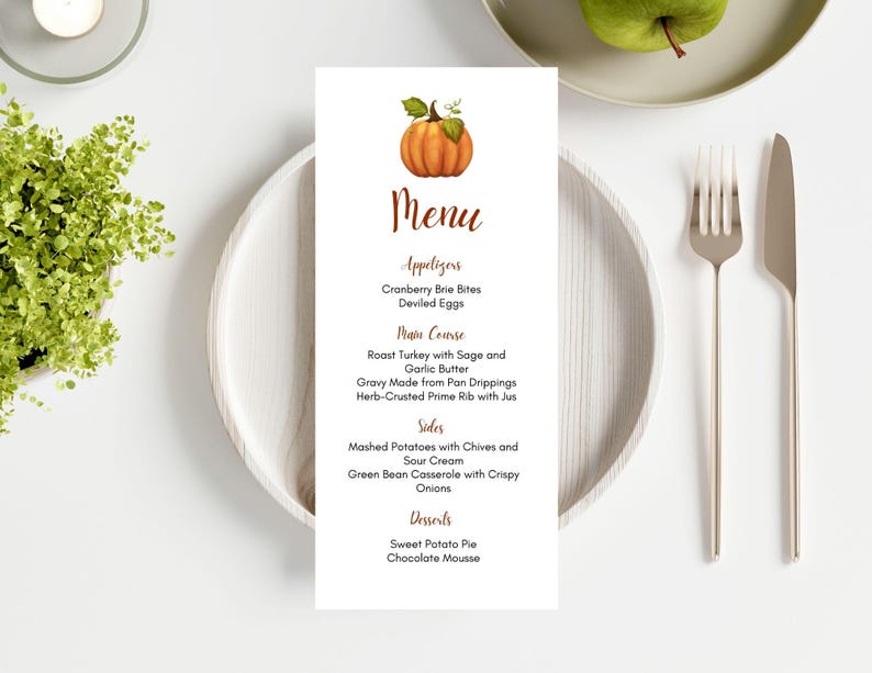 Thanksgiving Menu Card Template | Editable 4x9 Inch Fall Dinner Menu ...