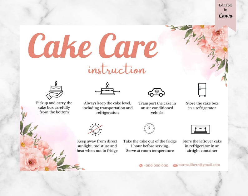 Cake Care Card Template | Canva Editable Wedding Cake Care Cards ...