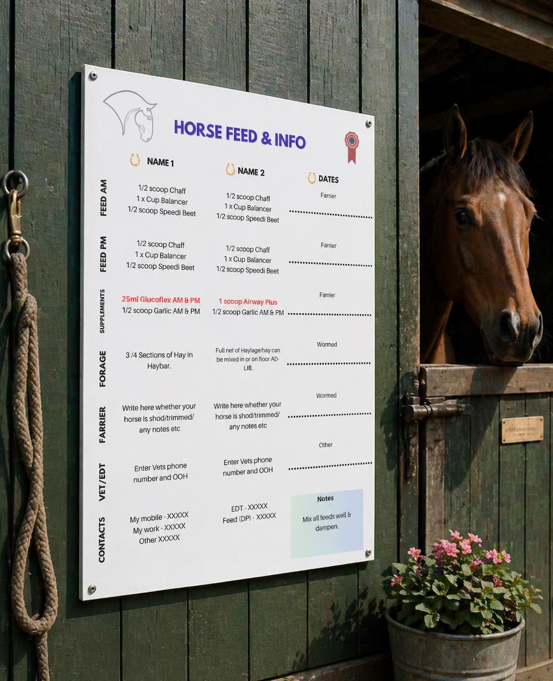Horse Feed Chart Printable | Stable Feed Planner | Yard Management ...