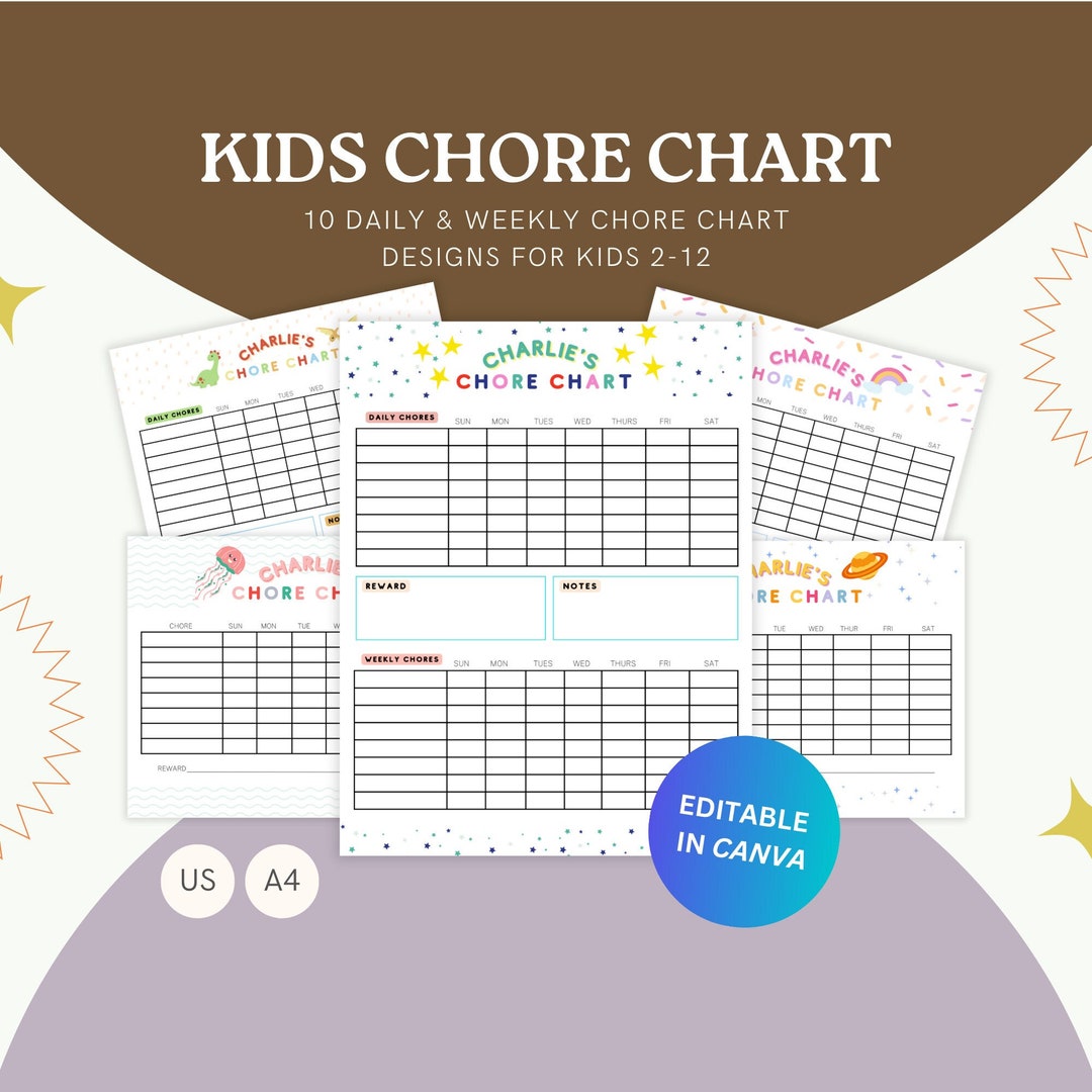 Chore Chart for Kids Printable and Customizable Kids Reward Chart With ...