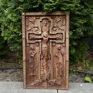 Handcrafted Wooden Crucifixion Plaque Religious Wall Art Christian Icon ...