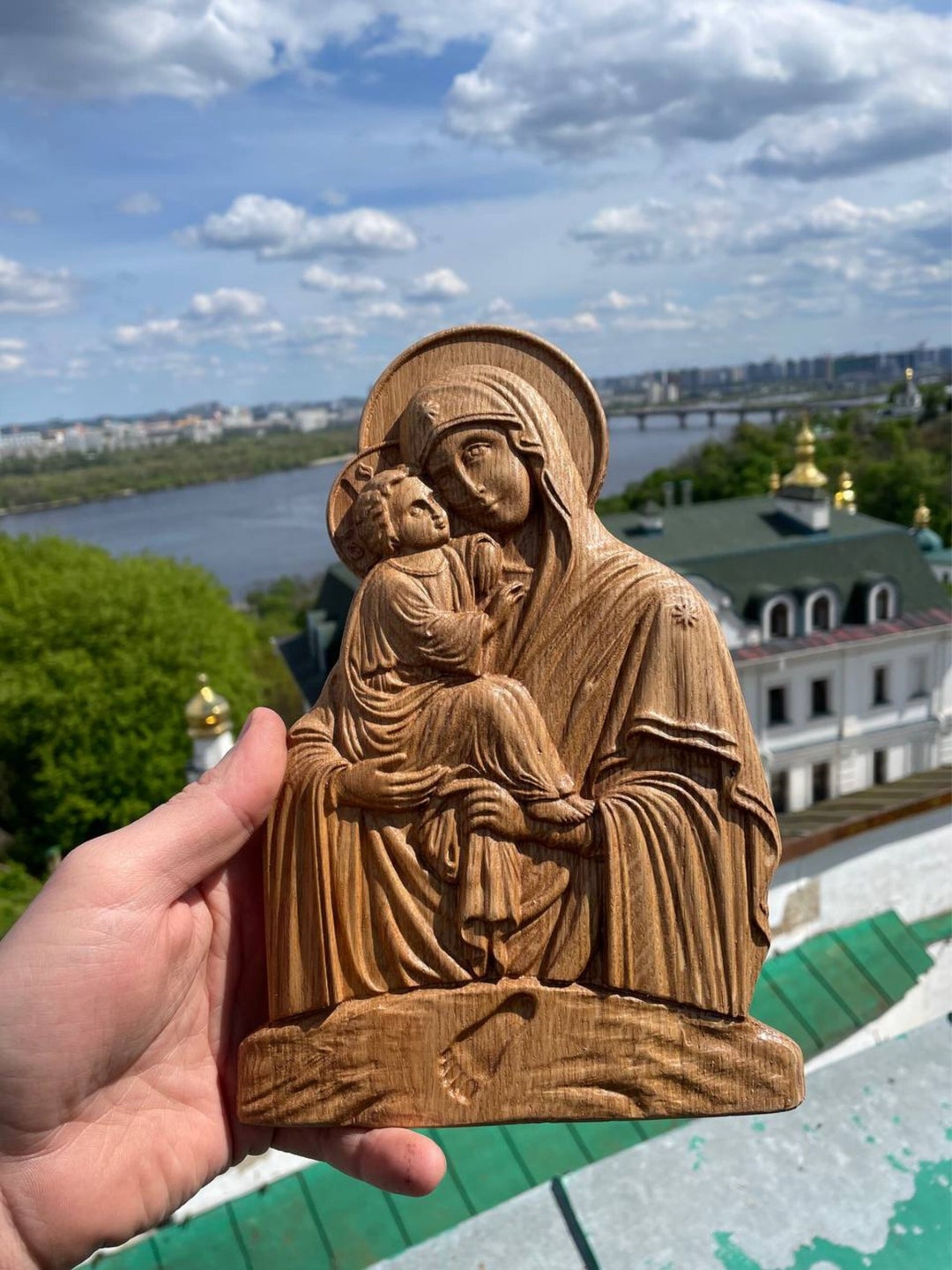 Carved Pochaev Icon of the Blessed Virgin Mary, Handcrafted Wooden ...