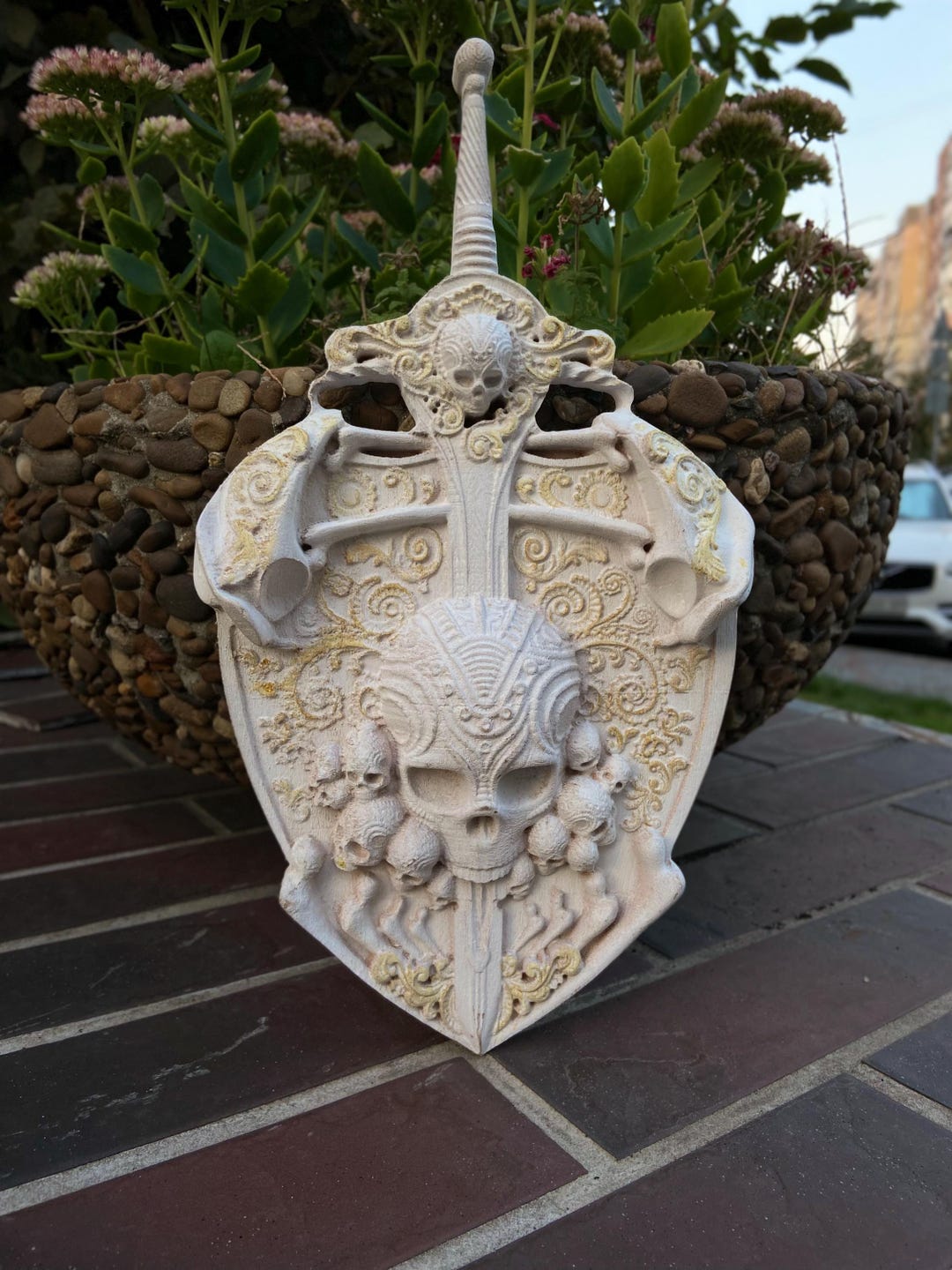 Carved Skull and Sword Shield, Handcrafted Wooden Decor, Unique Wall ...