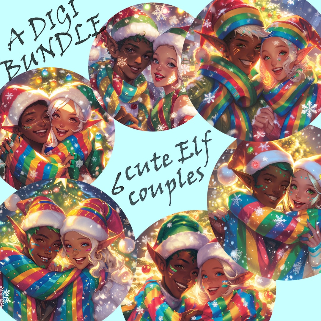 Bright Elf Couples, Christmas Clipart Bundle 6 Festive PNG Images for ...