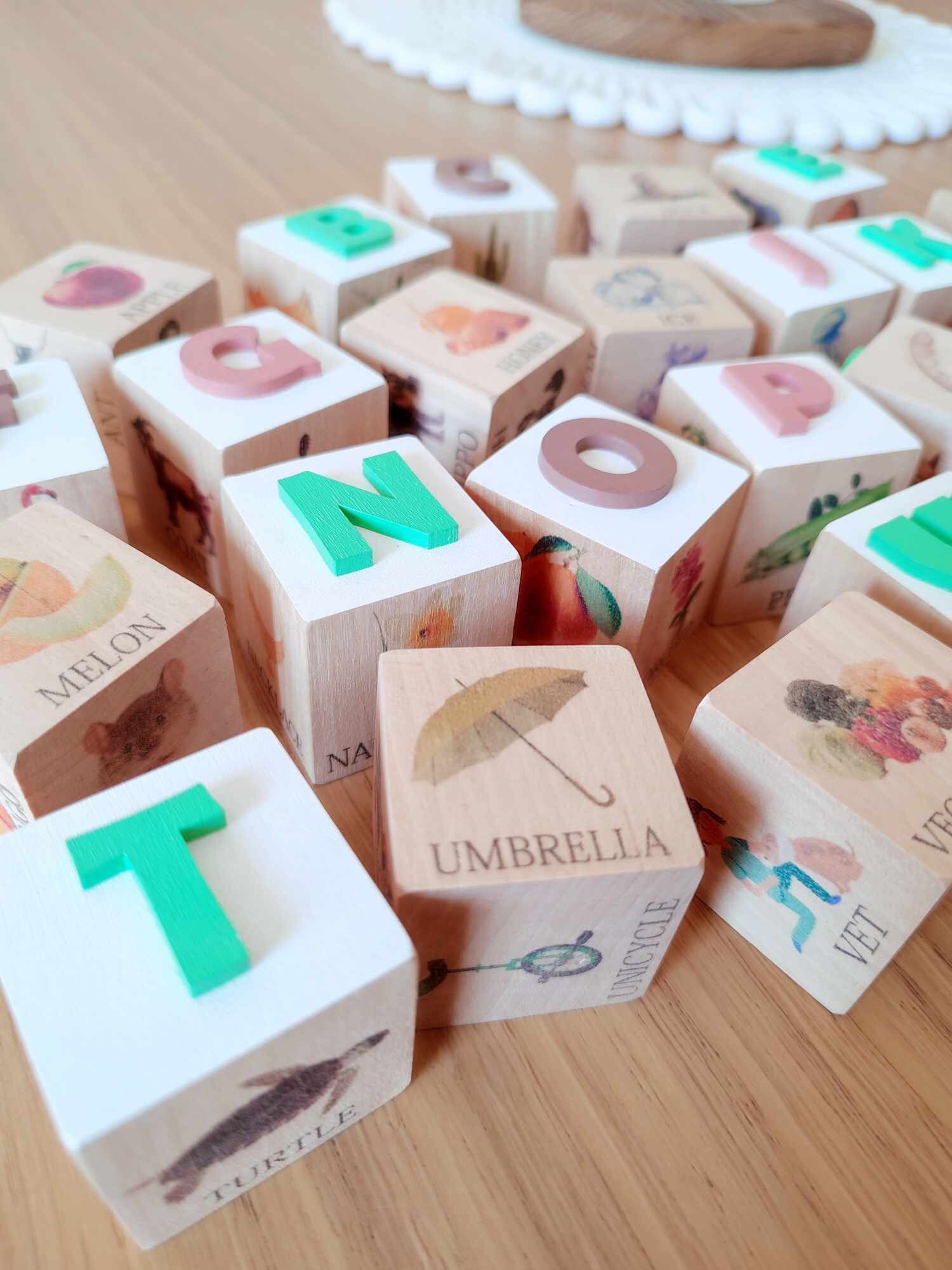 Wooden Blocks With Alphabet Letters and Pictures, Personalized Letter ...