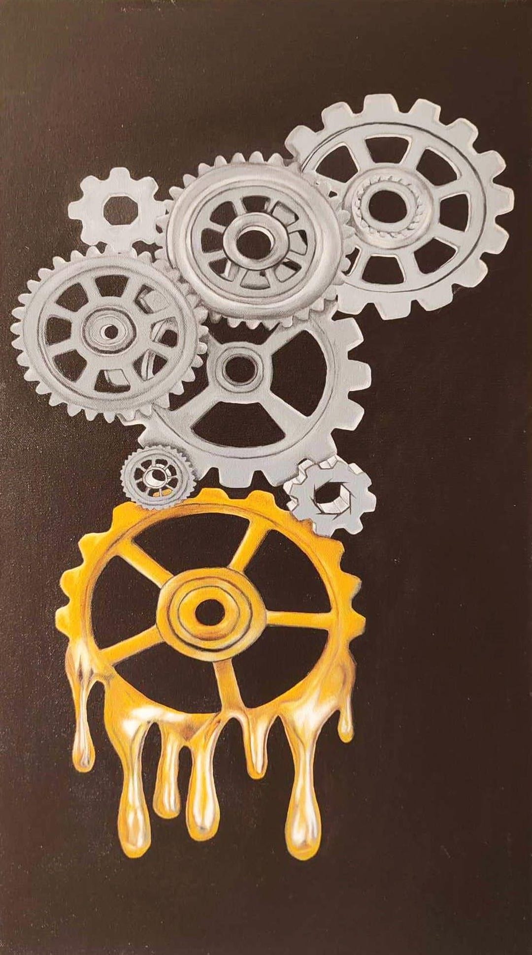 Original GEAR Oil Painting, Metallic and Golden Gears, 70x40cm (27,6x15 ...