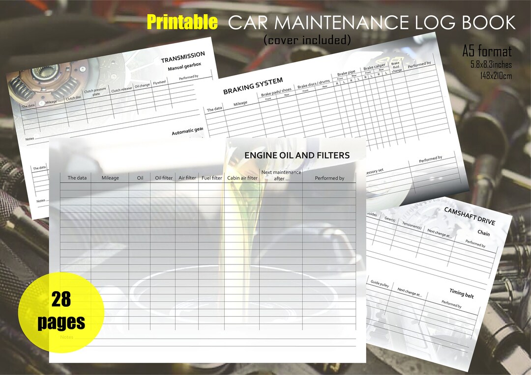 PRINTABLE Car Maintenance Log Book, A5 Horizontal, PDF - Etsy