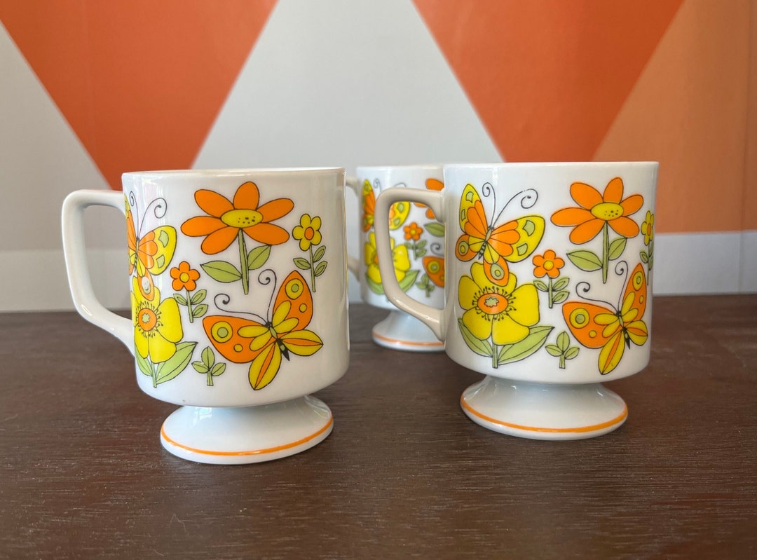 Vintage Stackable Neon Groovy Butterfly and Flower Mugs 4 - Etsy