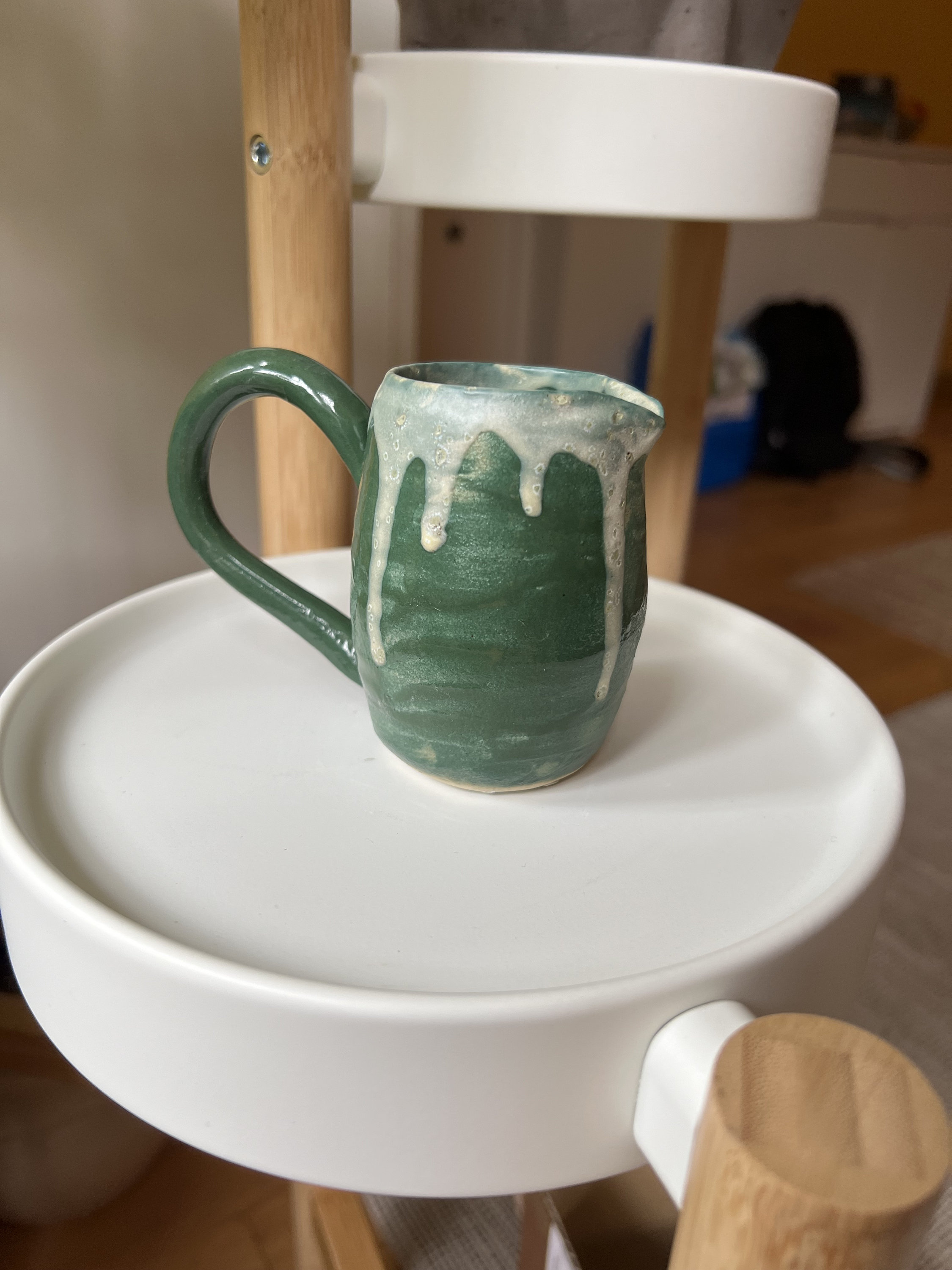 Green Handmade Small Milk Jug With White Honey Drip Glaze - Etsy