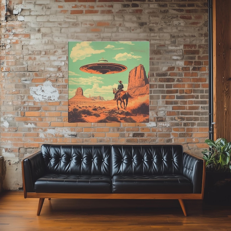 Retro Cowboy and UFO Art Print: Vintage Western Sci-fi Decor - Etsy