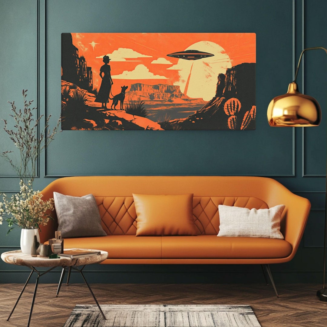 Mid-century Modern UFO Encounter Canvas Print - Retro Desert Alien Art ...