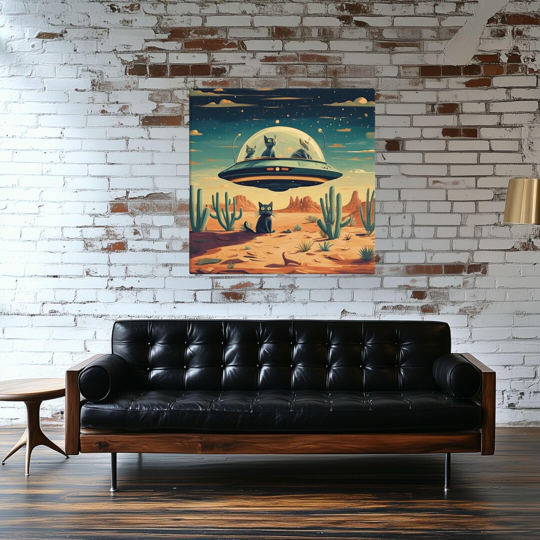 Retro Cat UFO Print: Vintage Sci-fi Desert Wall Art - Etsy