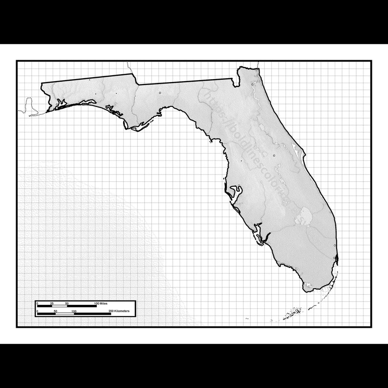 Detailed Florida Shaded Relief Outline Map With Side Grid for Custom ...
