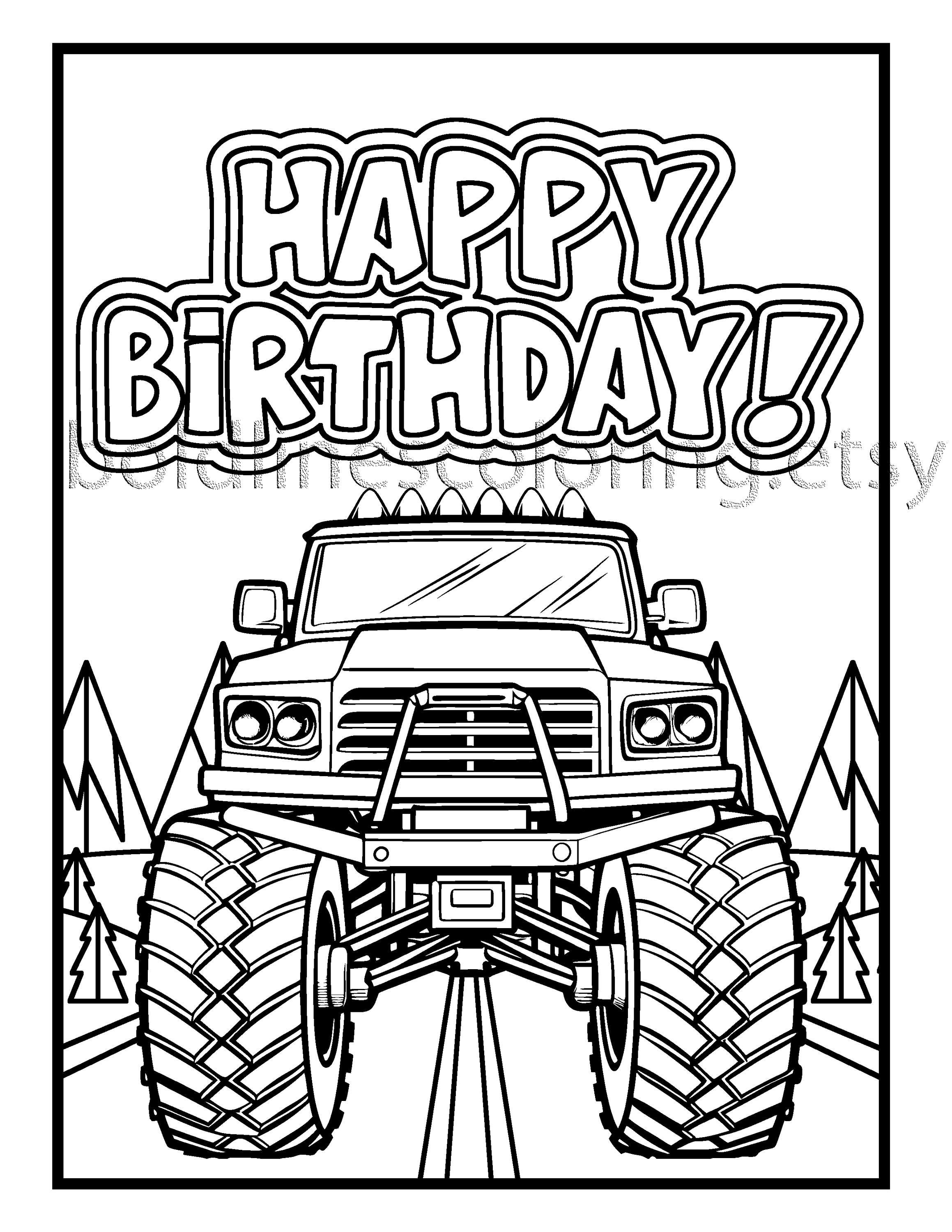 Monster Truck Happy Birthday Coloring Page - Etsy