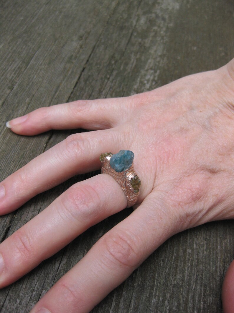 INCLUSION RING Blue Apatite Green Peridot Ring Rough Crystal - Etsy