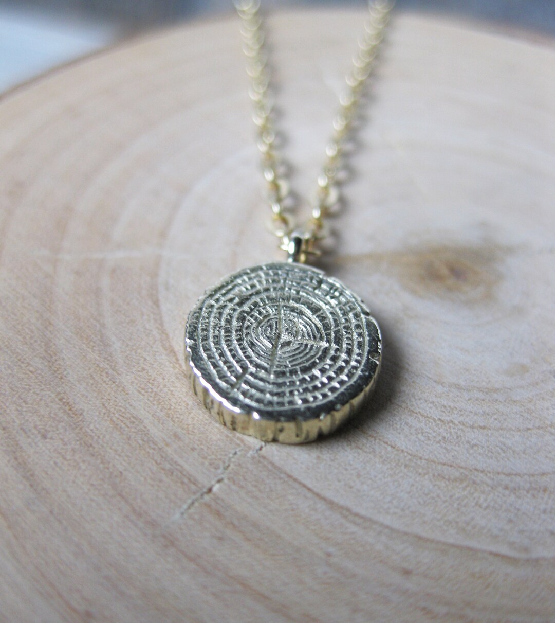 GOLD TREE RING Slice Necklace Faux Bois Charm 5th Anniversary Gift ...