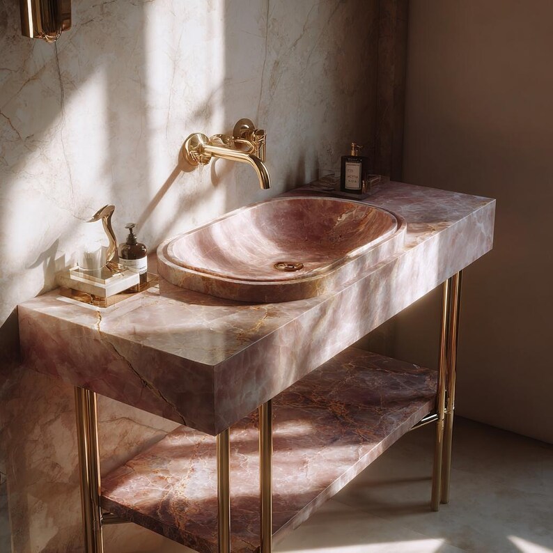 Stone Vanity, Rose Quartz Marble Sink Console With Brass Legs - Etsy