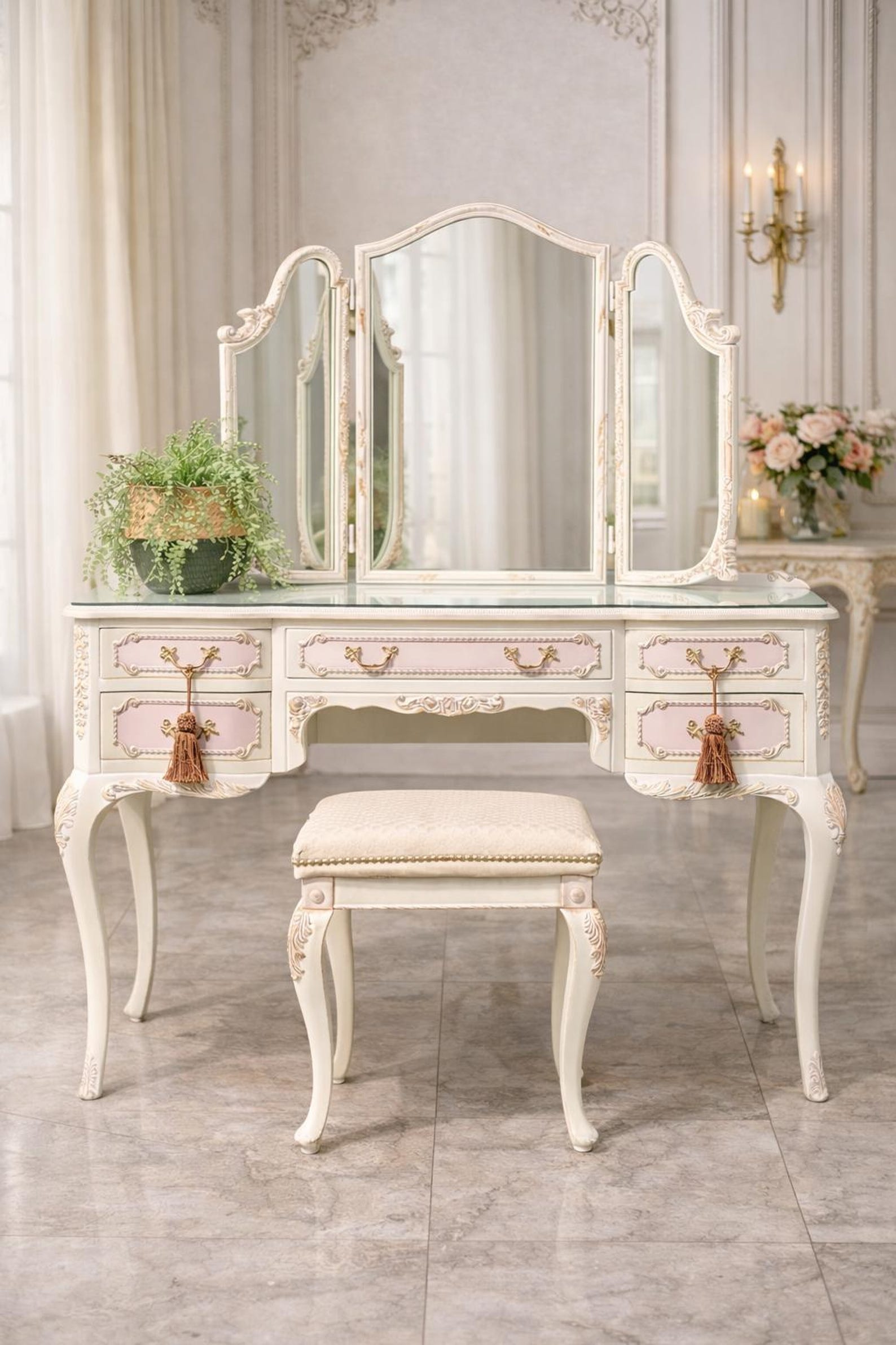 French Baroque Vanity Set | Ornate Dressing Desk | Tri-fold Mirror ...