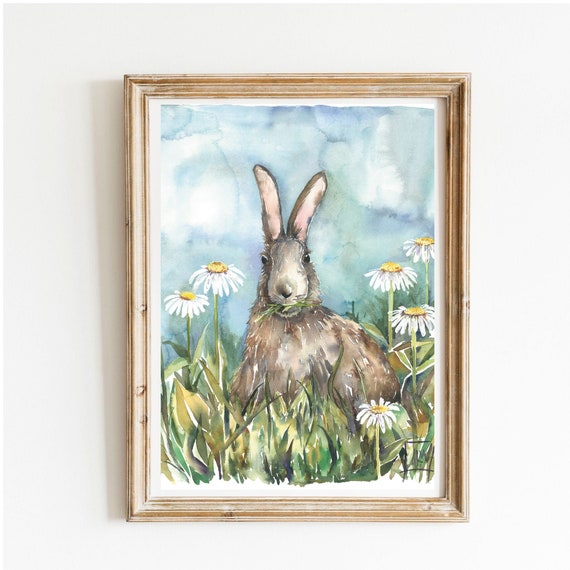 Rabbit in Daisy Field Watercolor Printable Art Digital - Etsy