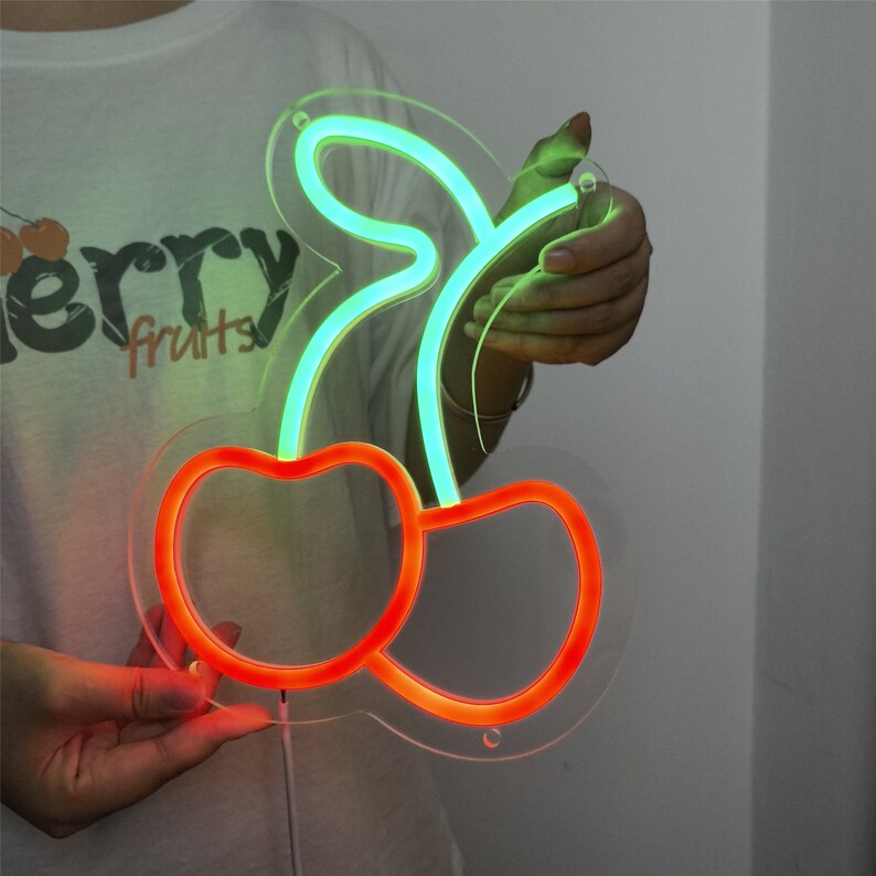 Cherry Neon Sign, Red Green Cherries Neon Lights, Cherry Neon Signs for ...