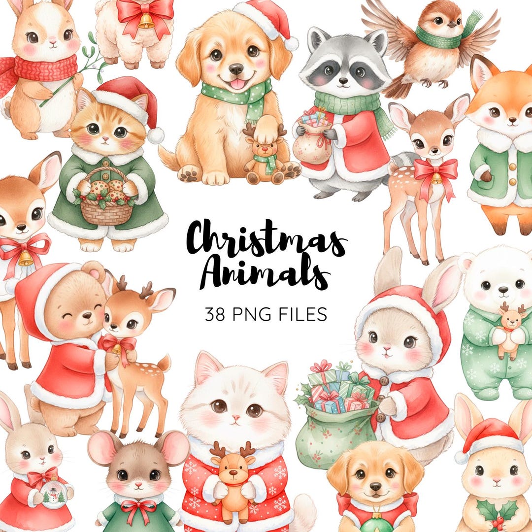 Christmas Animals Watercolor Clipart PNG, 38 Holiday Animal Graphics ...