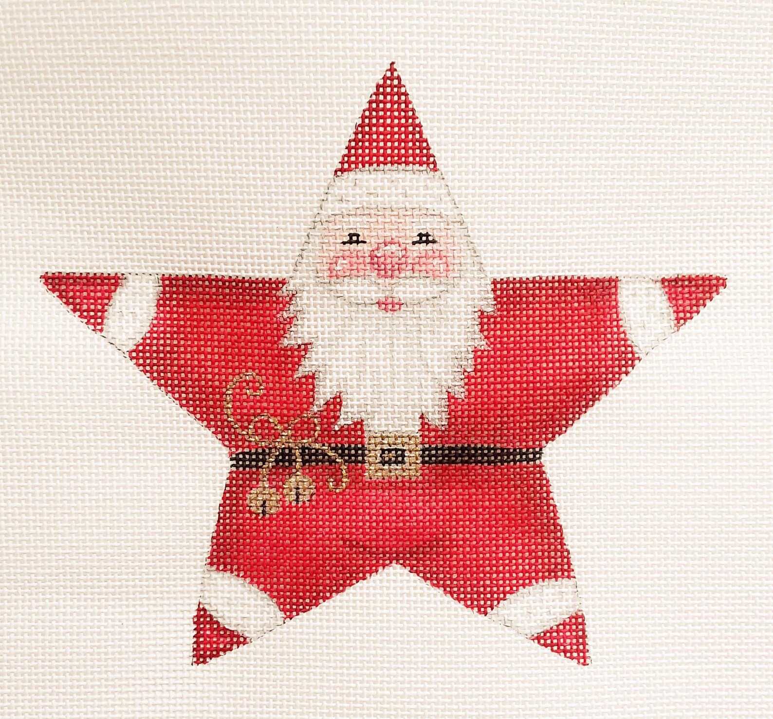 Needlepoint Canvas Handpainted 5" Red Star Santa With Gold Bells on ...