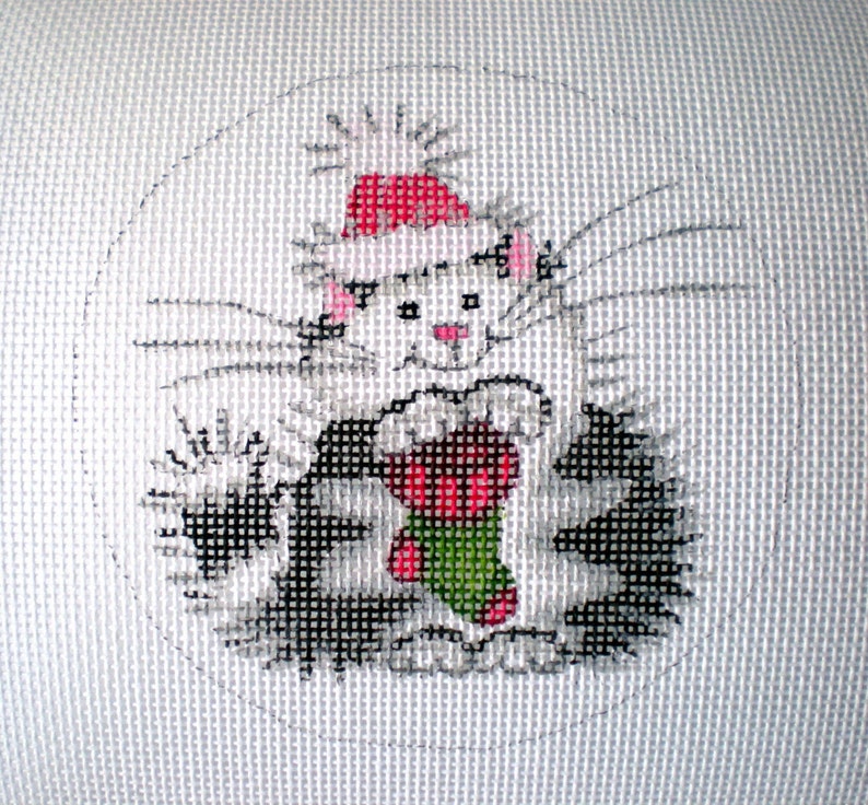 Needlepoint Canvas Handpainted 4" Fat Cat With Stocking on 18ct. - Etsy