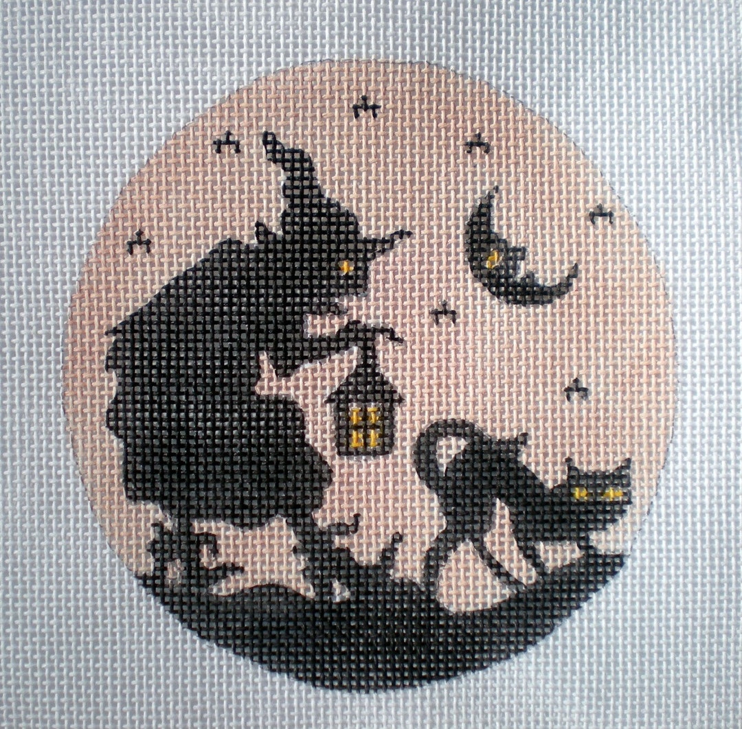 Needlepoint Canvas Handpainted 4" Witch and Cat on 18ct. - Etsy