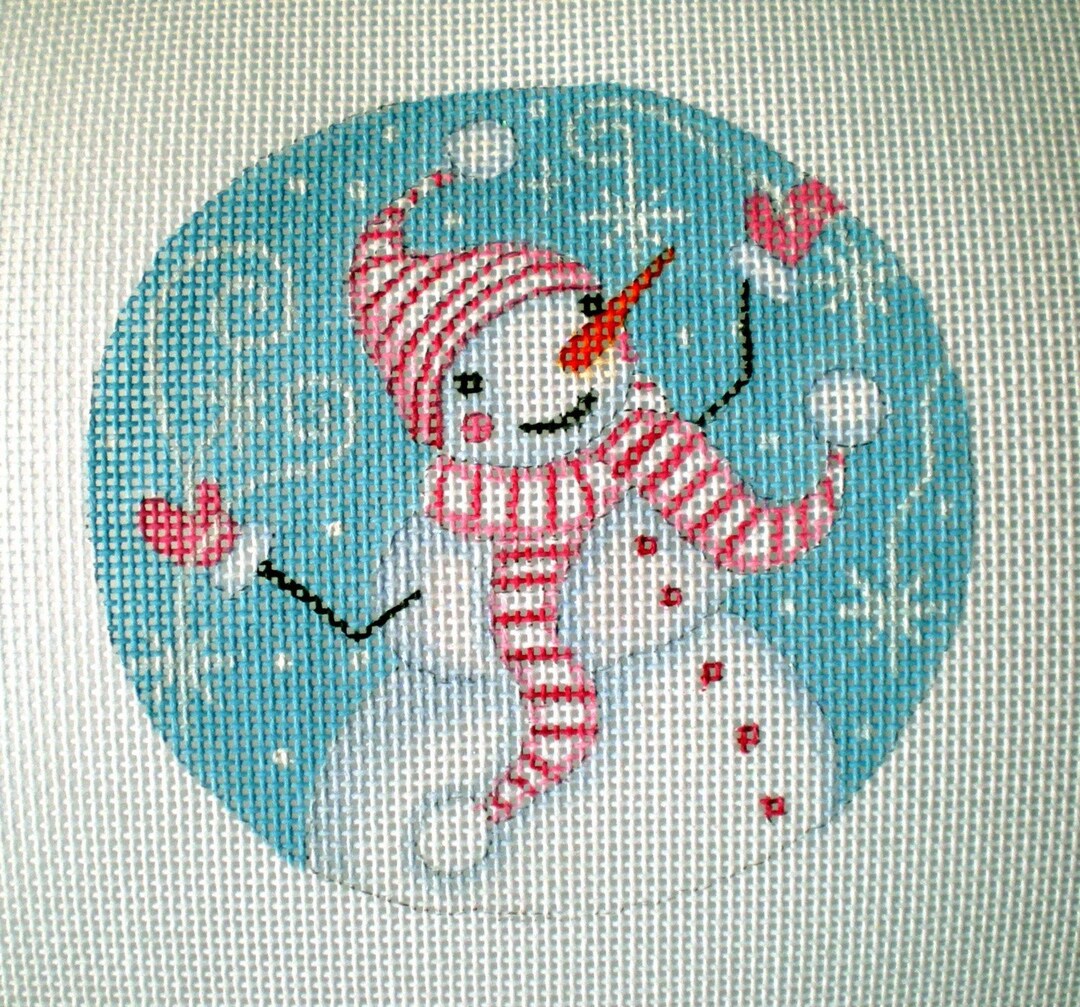 Needlepoint Canvas Handpainted 4" Snowman, and Snowflakes on 18ct. - Etsy