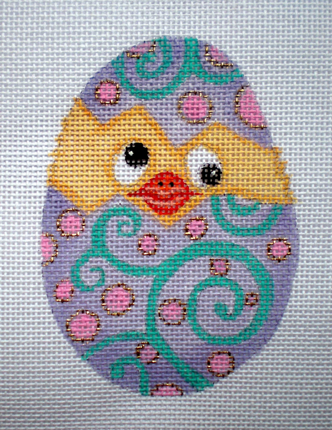 Needlepoint Canvas Handpainted 4" Fun Chick in Purple Egg and Aqua ...