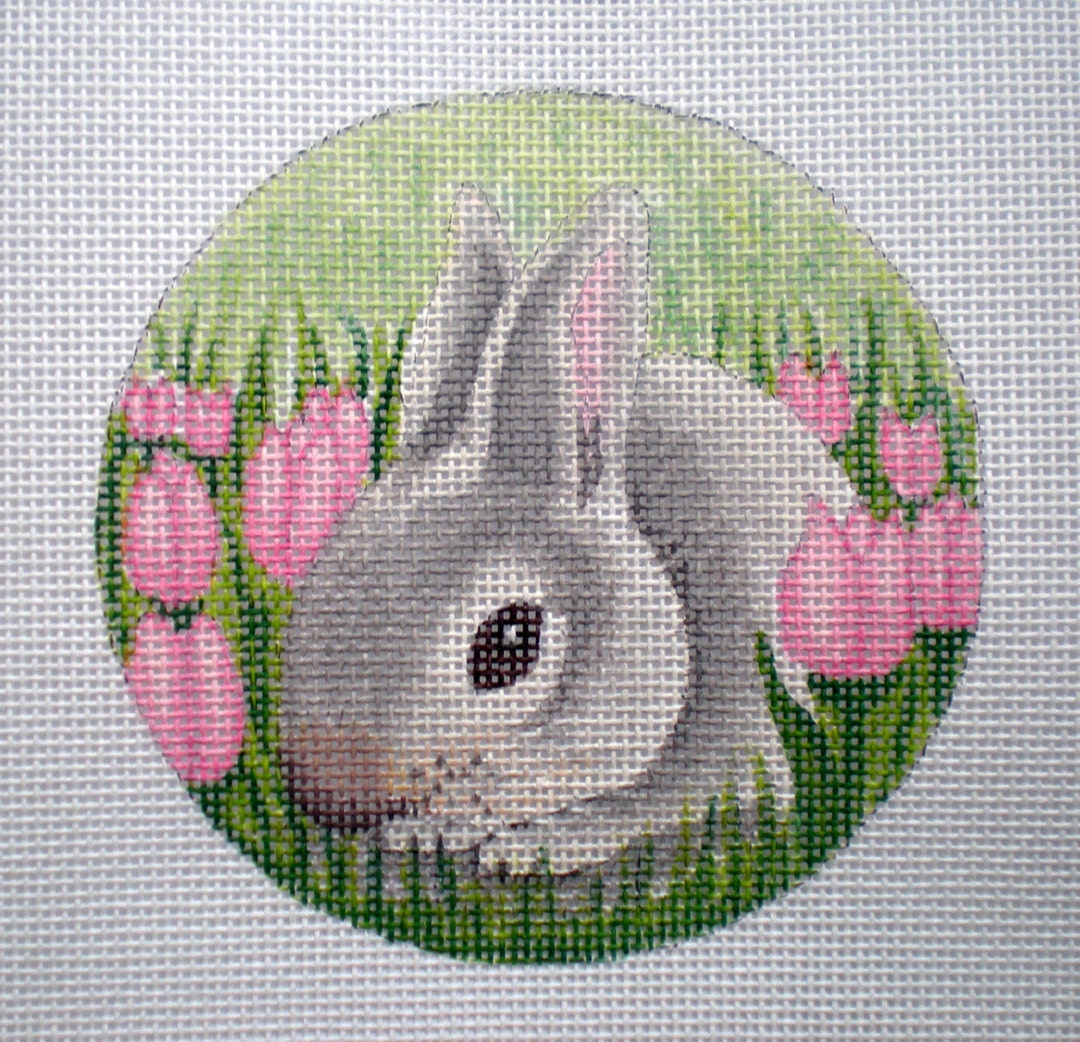 Needlepoint Canvas Handpainted 4 Bunny and Pink Tulips on 18ct - Etsy