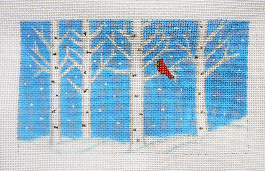 Needlepoint Canvas Handpainted Winter Birch Trees and Cardinal on 18ct ...