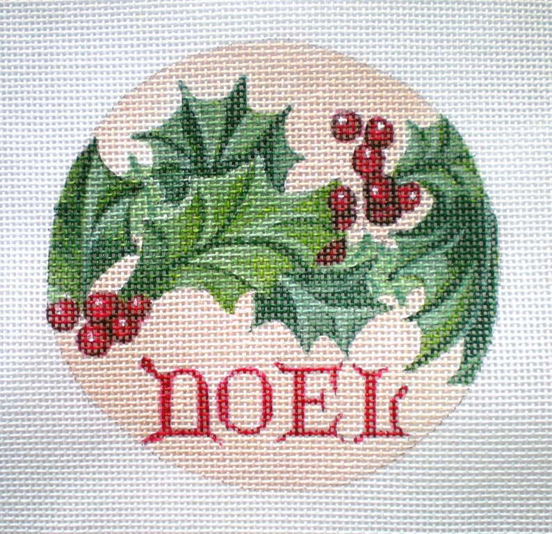 Needlepoint Canvas Handpainted 4" Noel and Holly on 18ct. - Etsy