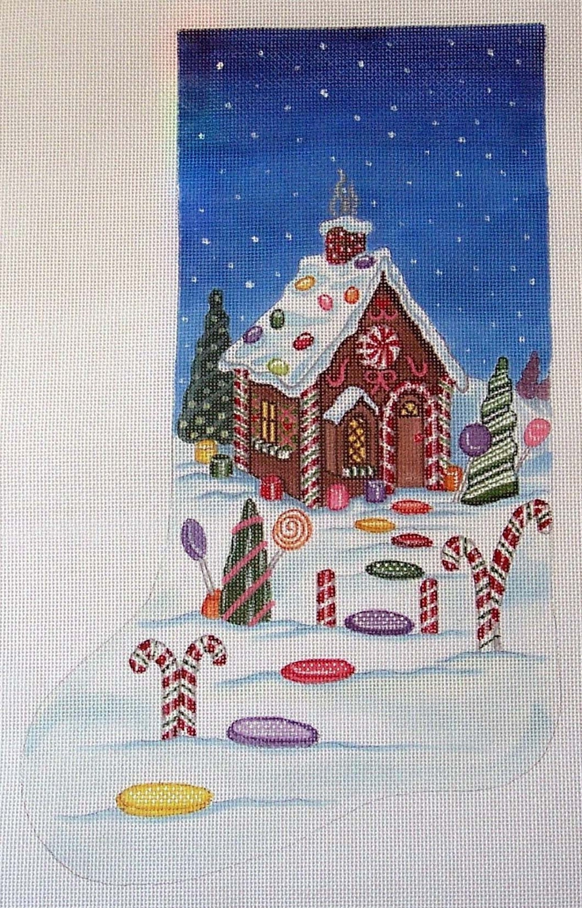 Needlepoint Canvas Handpainted Gingerbread House Stocking on 14ct. - Etsy