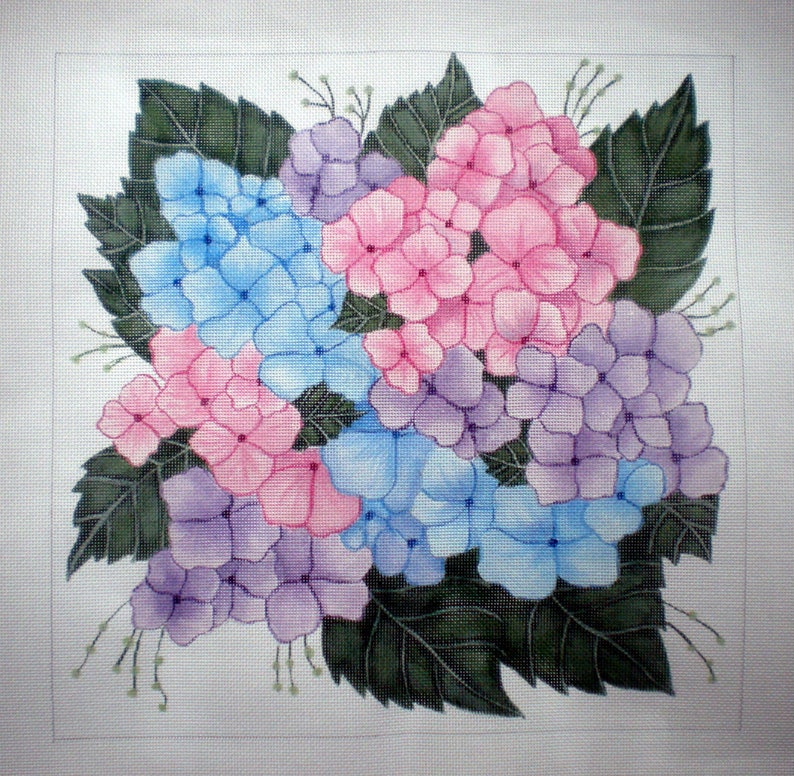 Needlepoint Canvas Hand Painted Hydrangea Flowers 12" X 12" on 14ct ...