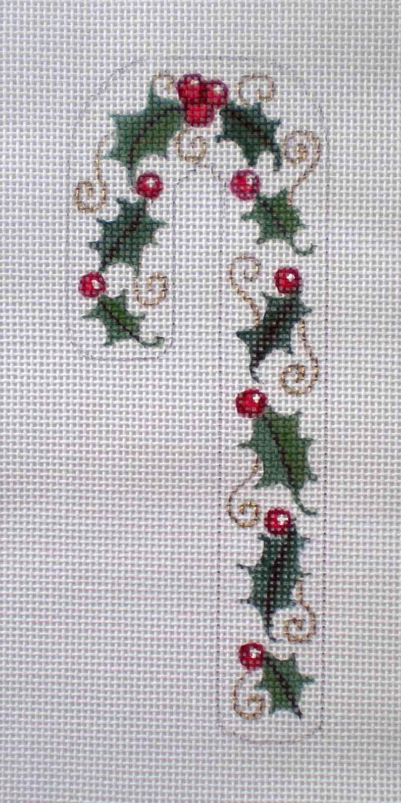 Needlepoint Canvas Handpainted 6" Candy Cane Holly and Berries on 18ct ...