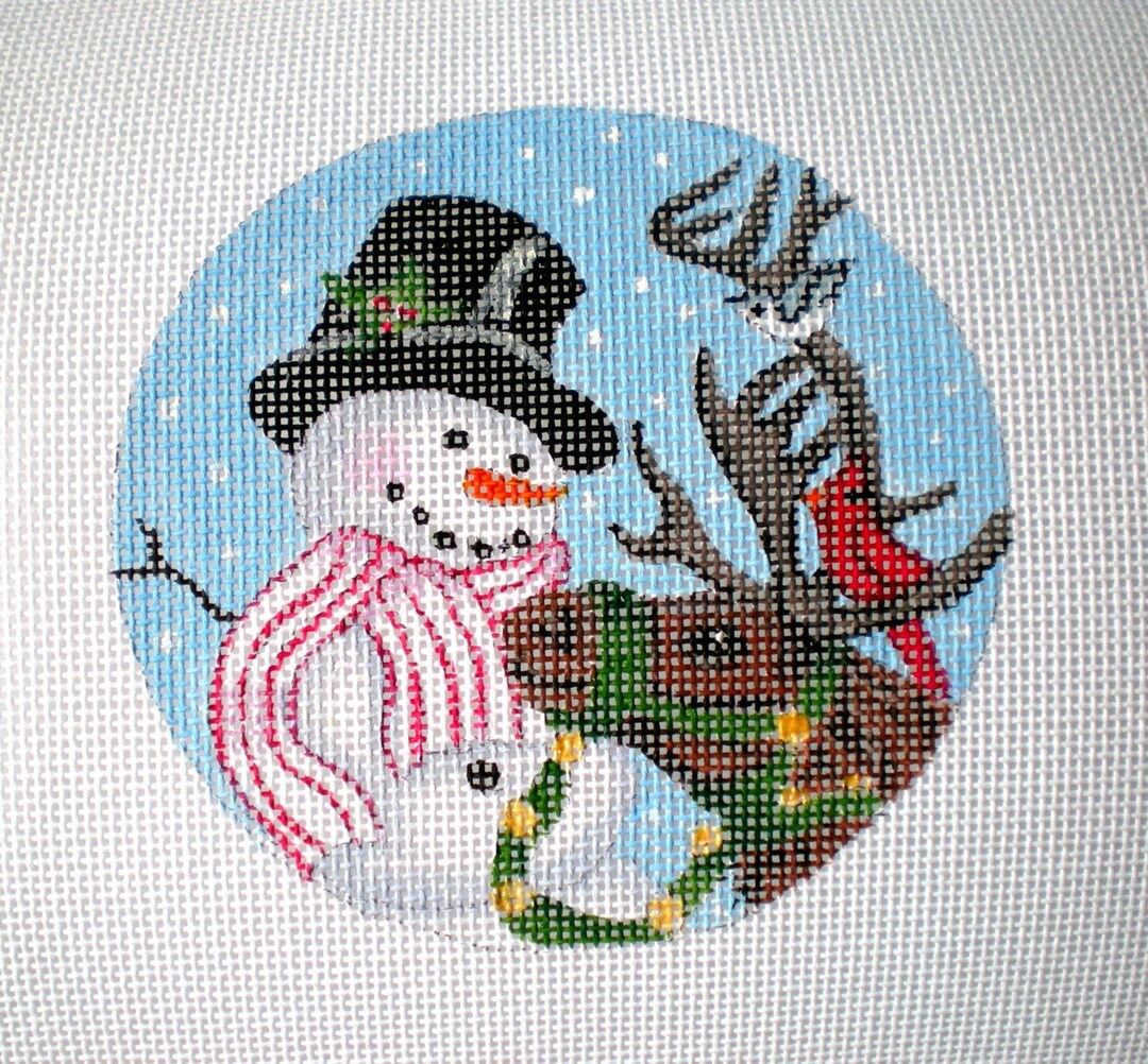 Needlepoint Canvas Handpainted 4" Snowman With Buck on 18ct. - Etsy